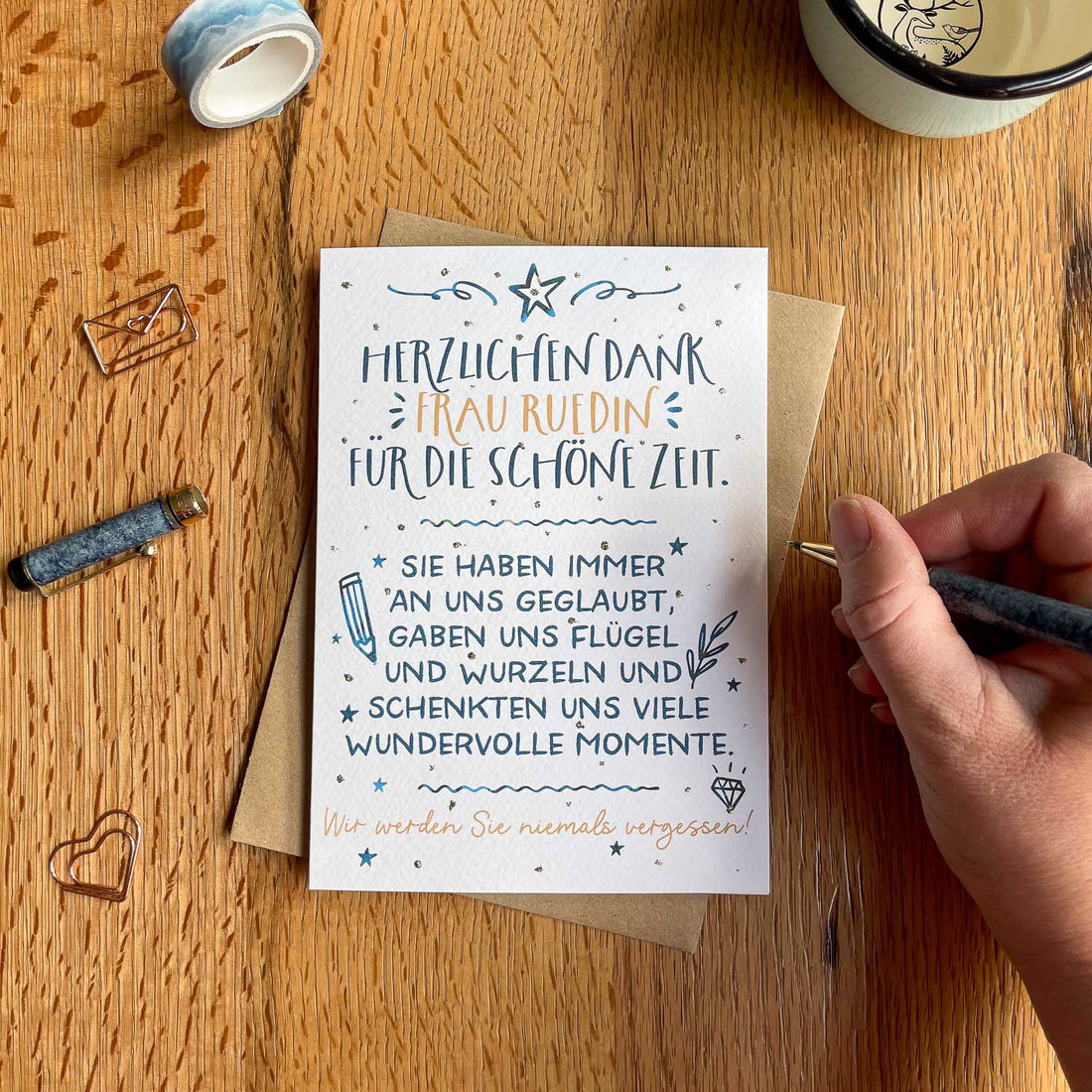 Personalised Teacher Appreciation Card in German – Deer and Sparrow Cupples